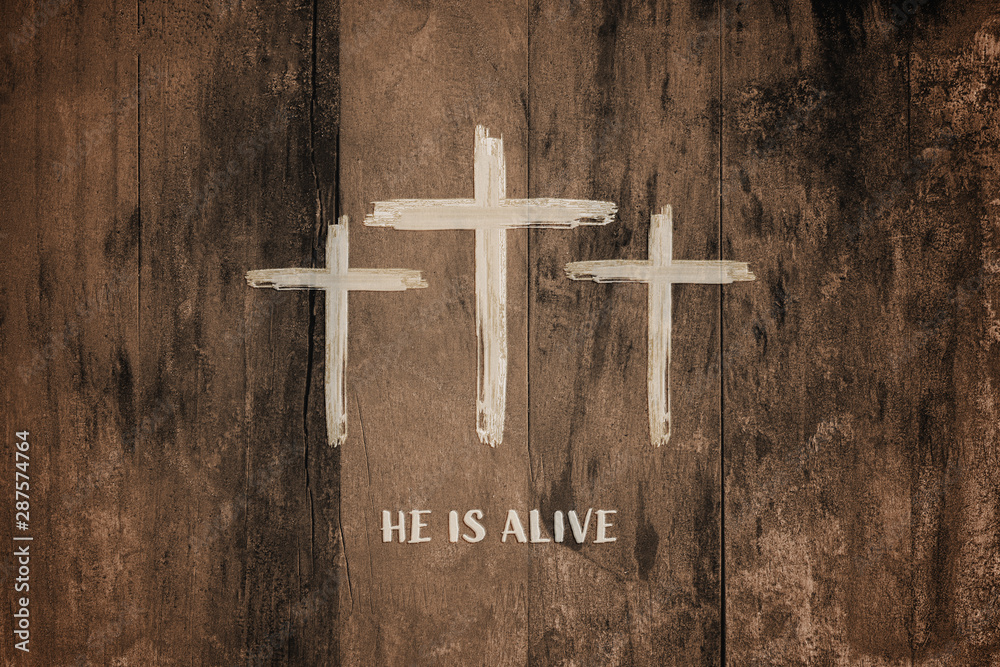 Christian worship and praise. Three crosses with wooden background and ...