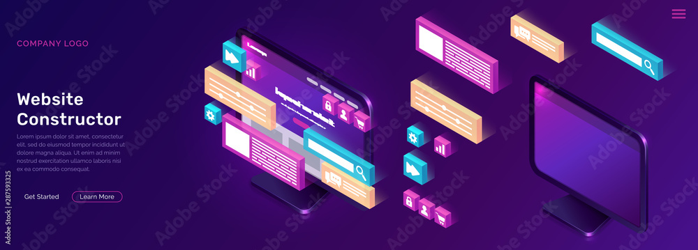 Website constructor isometric concept vector illustration. Software landing page template for ...