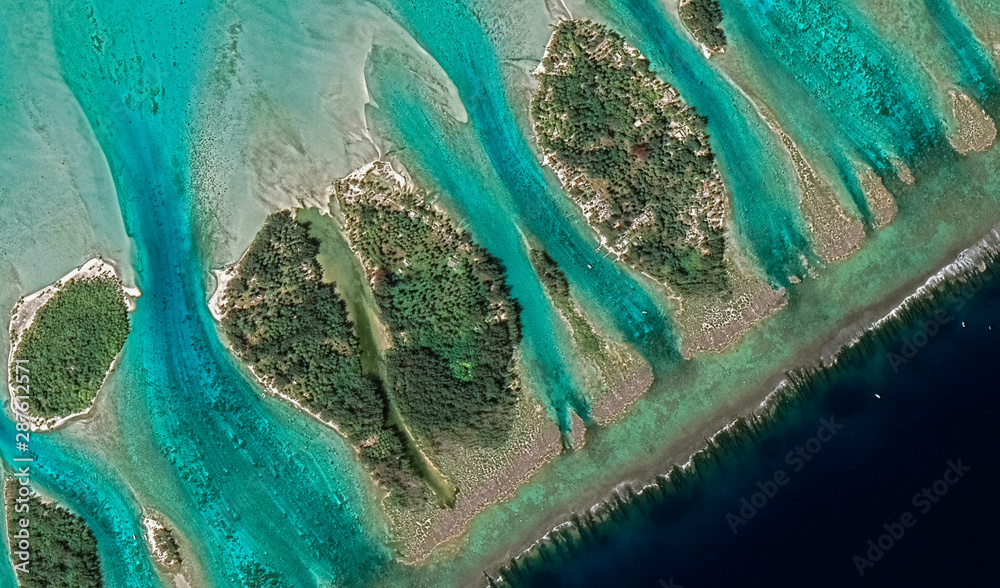Landscape of the coast of the resort island of Bora Bora from a bird's ...