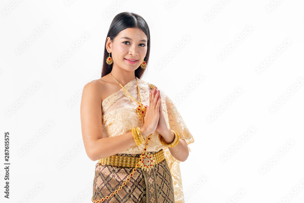 Beautiful woman pay respect in national traditional costume of Thailand ...