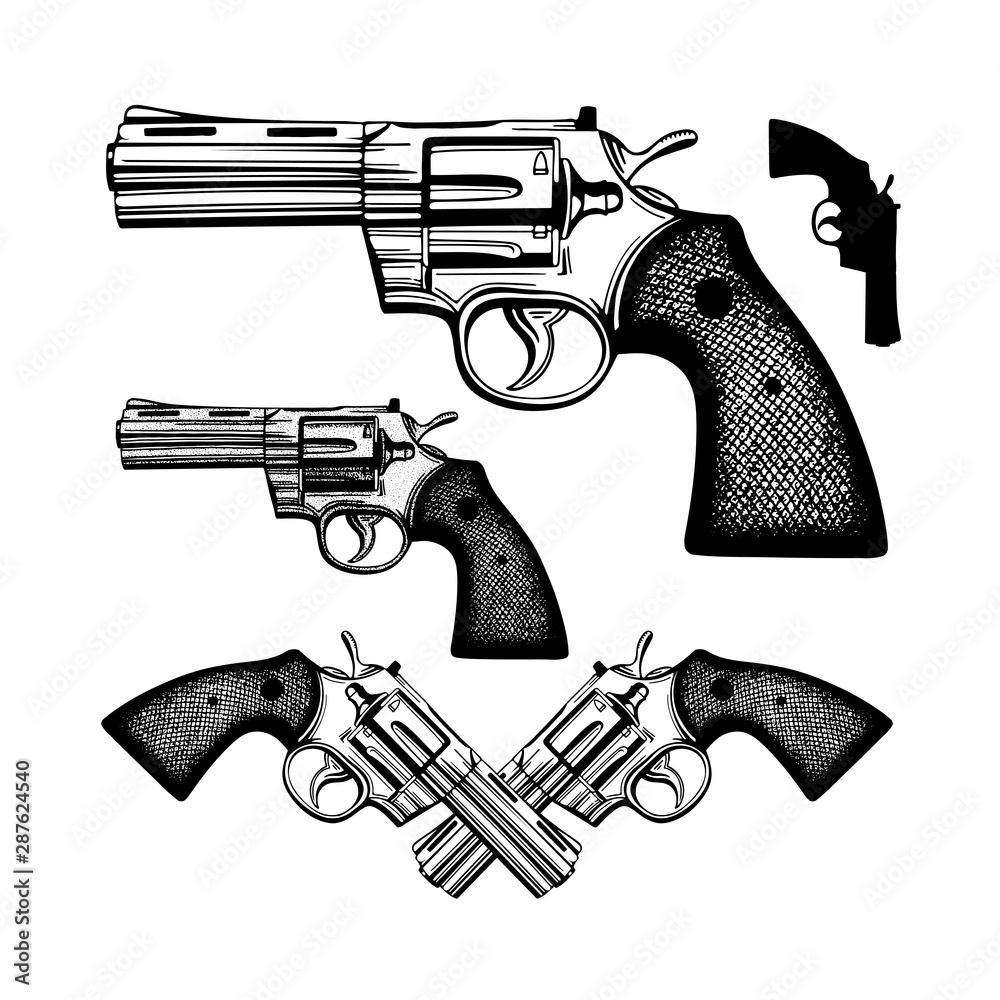 Revolver. Hand drawn vintage revolver vector illustration. Engraving ...