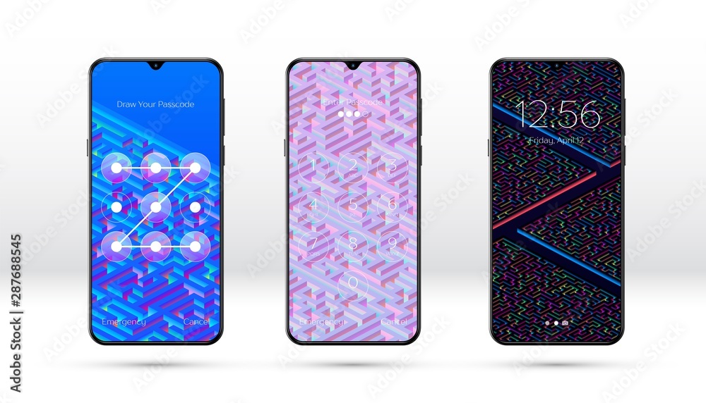 Smartphone lock screen background with abstract maze or labyrinth pattern and password entering ...