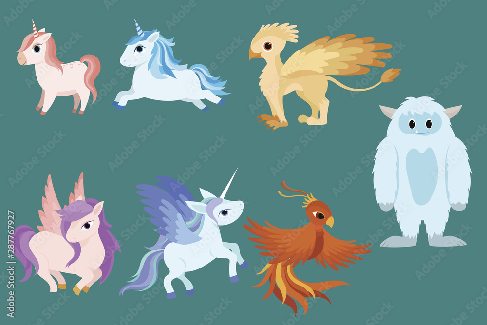 Set of mythical animals. Collection of cartoon fairy animals. Vector ...