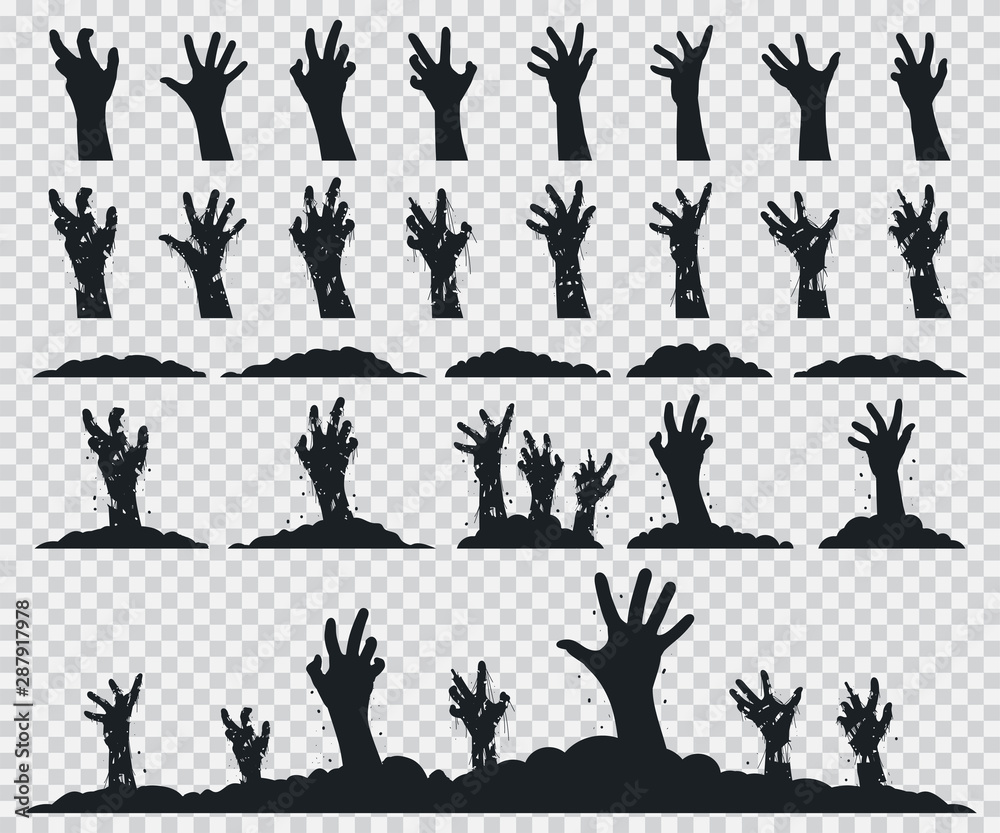Zombie hands black silhouette vector icons set isolated on a ...