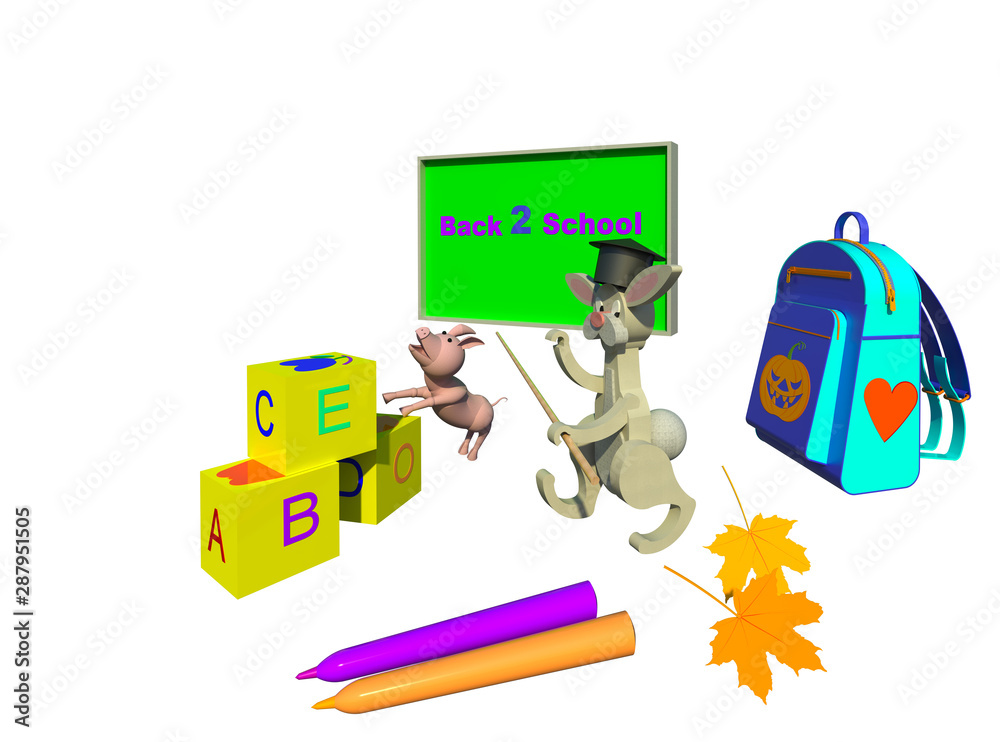 Back to school 3D illustration 4. Classroom green blackboard, learning ...