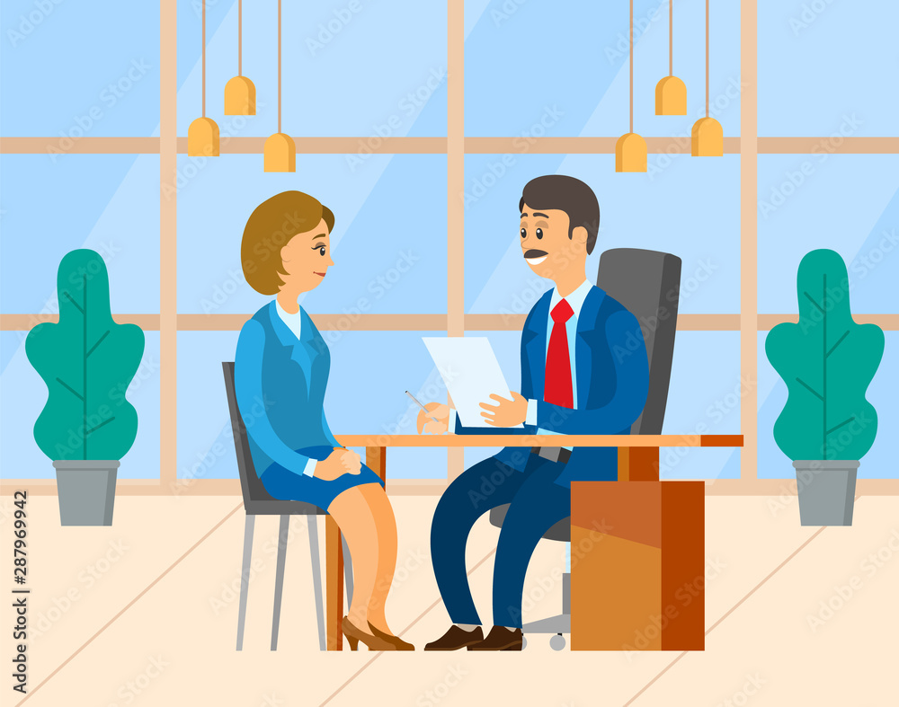 Woman getting new job in office vector, boss employer and potential ...