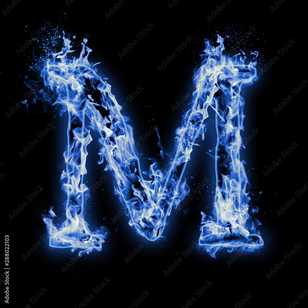 Letter M. Blue fire flames on black isolated background, realistic fire ...