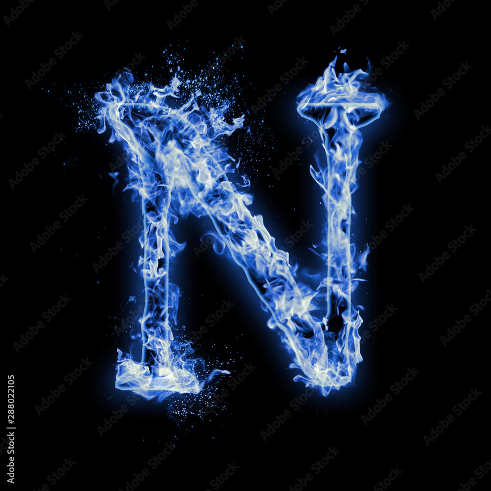 Letter N. Blue fire flames on black isolated background, realistic fire ...