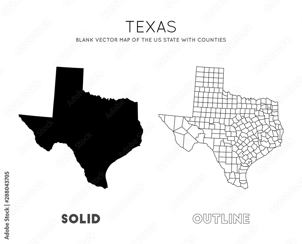 Texas map. Blank vector map of the US State with counties. Borders of ...