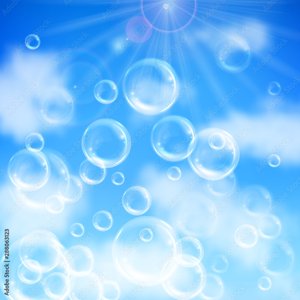 Realistic transparent floating soap bubbles on blue sky background ...