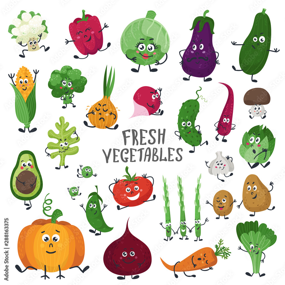 Cartoon vegetable cute characters face. Cartoon face food emoji. Stock ...