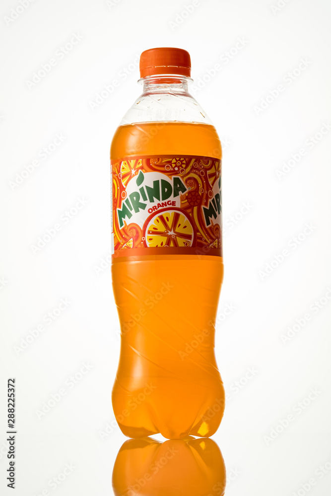 MINSK, BELARUS- APRIL 5, 2018: Mirinda plastic bottle isolated on white ...