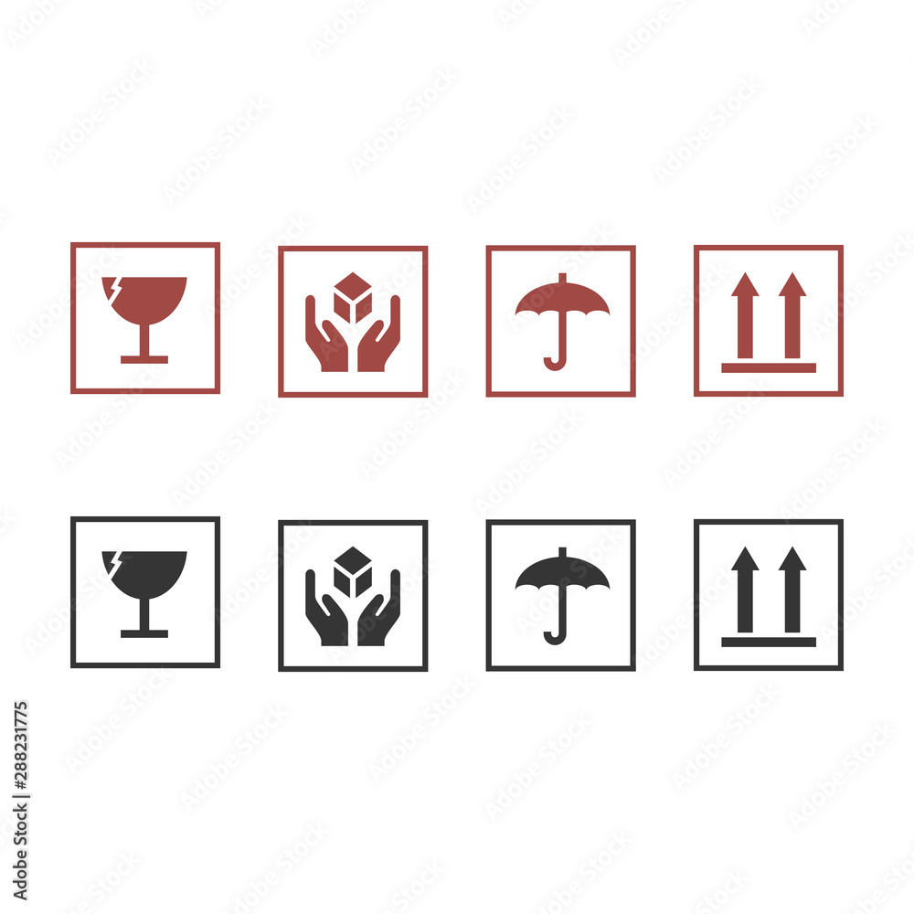 Handle with care icons. Package handling labels. This side up, fragile ...