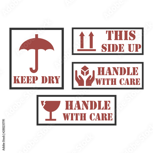 Handle with care icons. Package handling labels. This side up, fragile ...