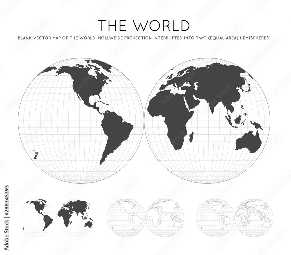 Map of the World. Mollweide projection interrupted into two equal-area ...