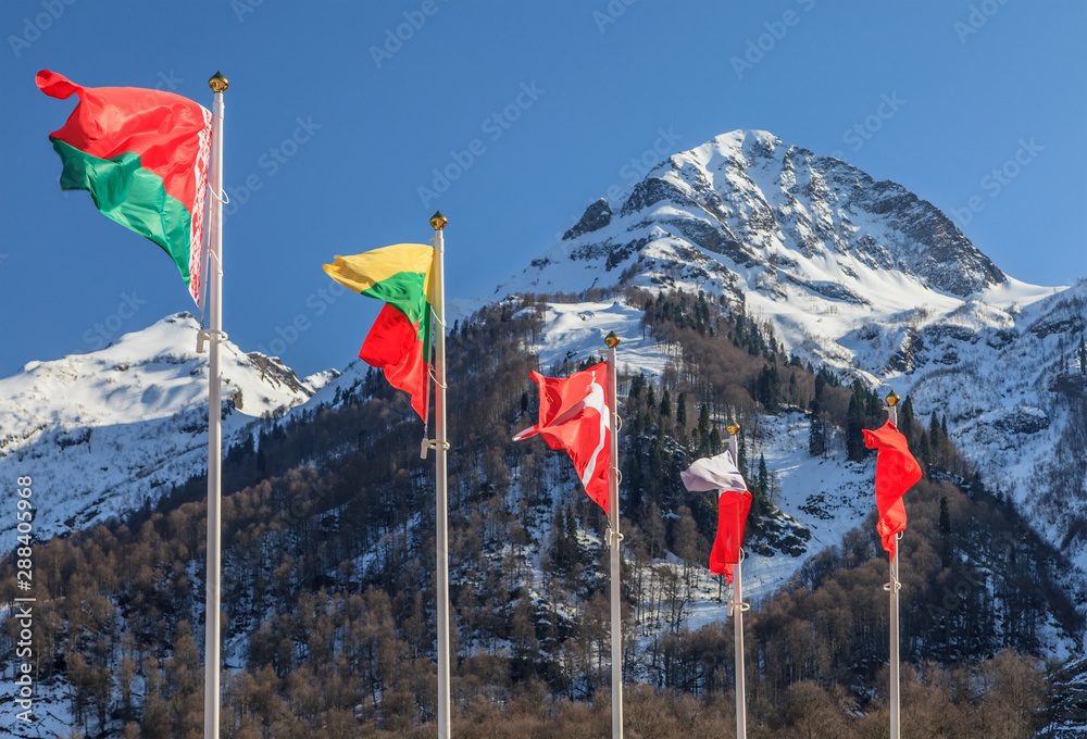 Flags of Belorussia, Lithuania, Denmark wave in wind as friendship and ...