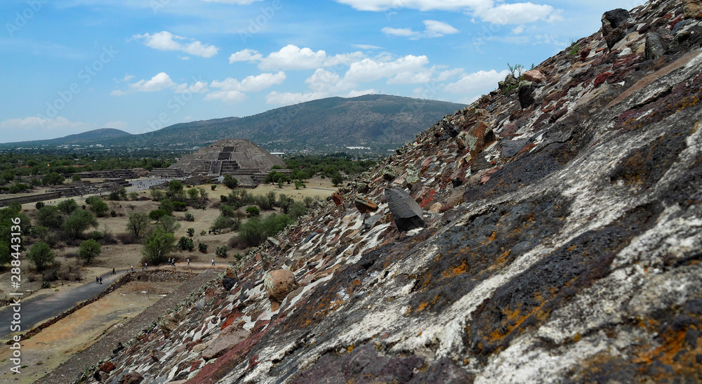 Pyramid of the moon, stone wall with pointy stones sticking out at the ...