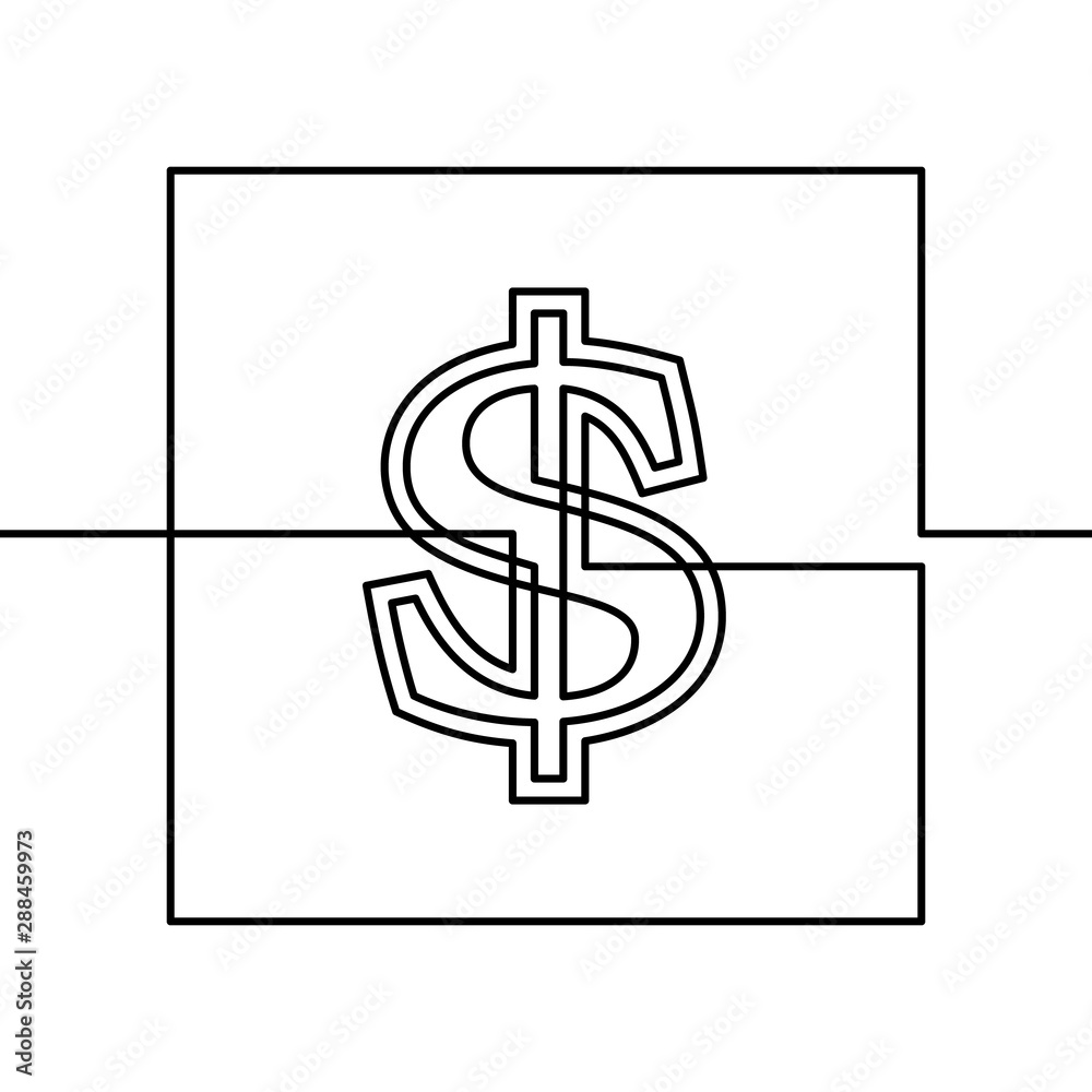 Continuous line drawing of dollar sign in square frame, Black and white ...