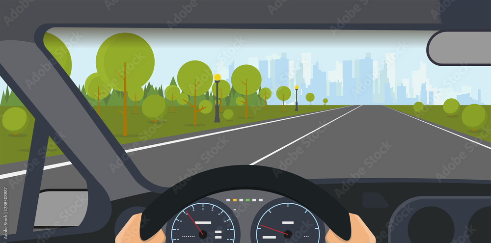 Inside car view. Modern car interior with steering wheel and hands ...