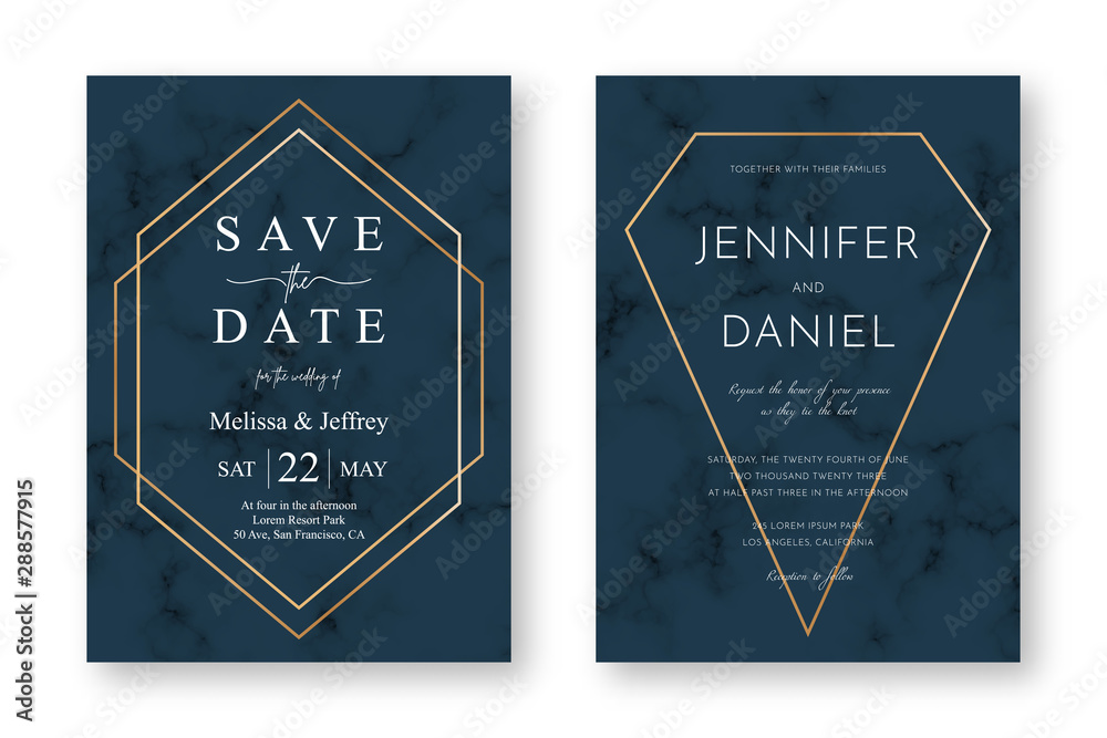 Wedding card design with golden frames and marble texture. Save the ...
