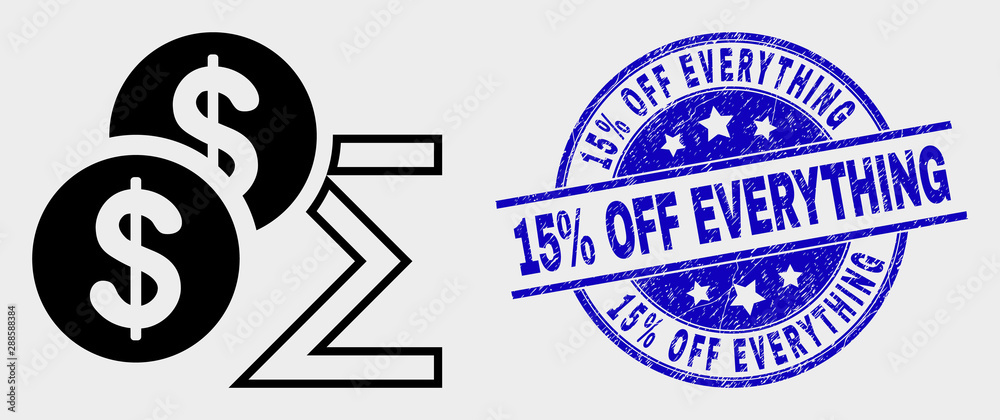 Vector dollar sum pictogram and 15% Off Everything stamp. Red round ...