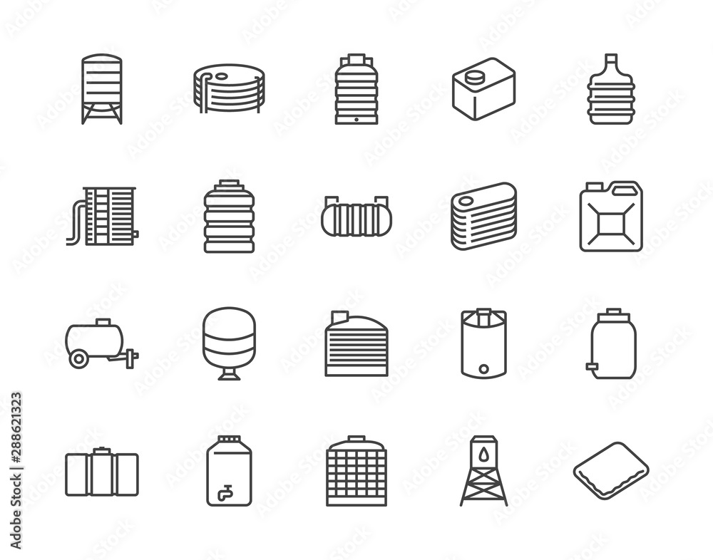 Water tank flat line icons set. Liquid storage, plastic container ...