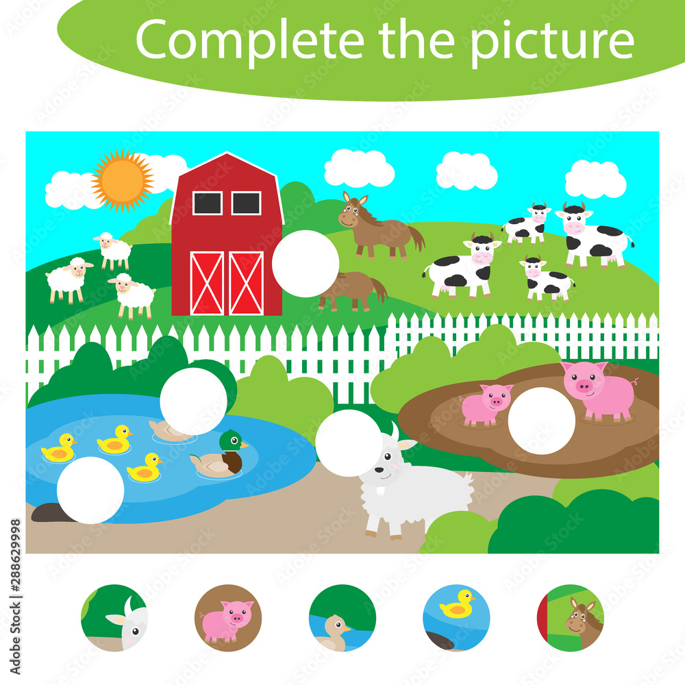 Complete the puzzle and find the missing parts of the picture, farm fun ...