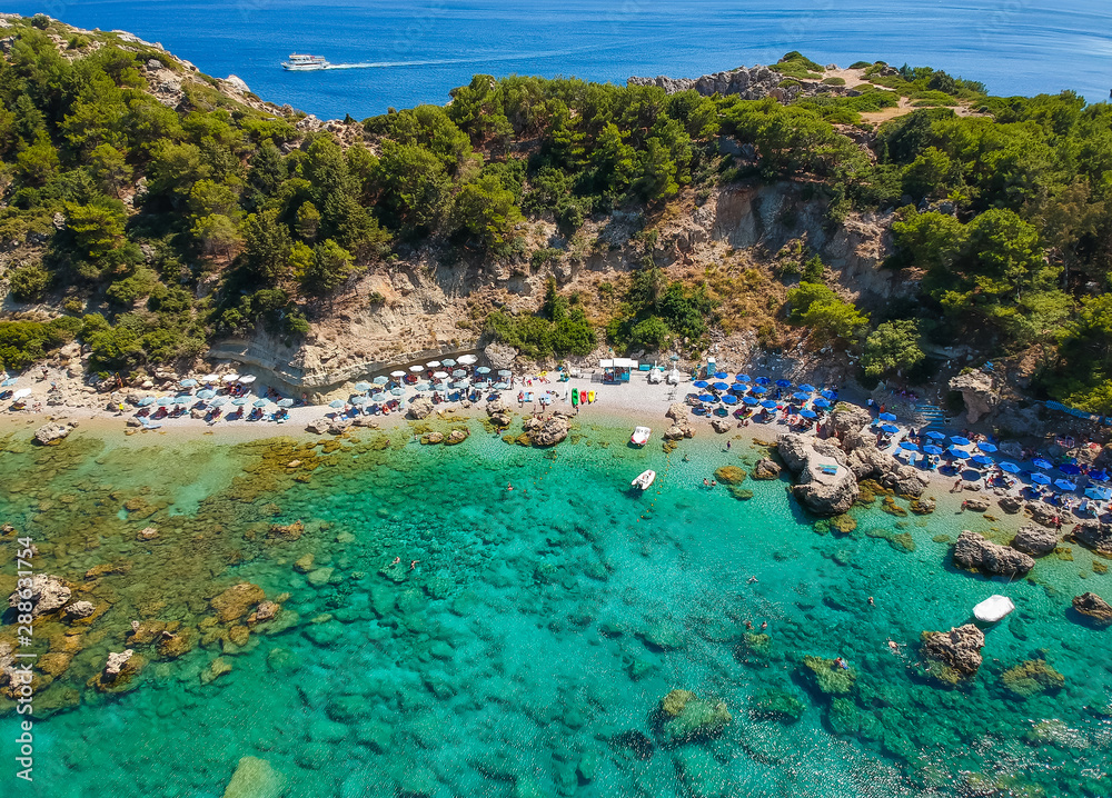 Aerial birds eye view drone photo Anthony Quinn and Ladiko bay on ...