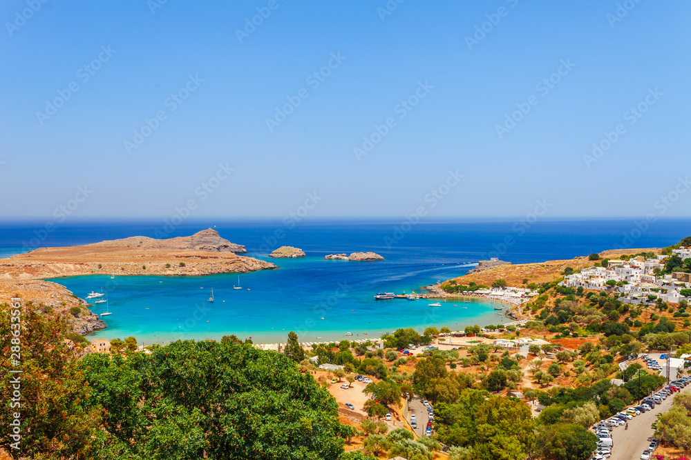 Sea skyview landscape photo Lindos bay and castle on Rhodes island ...