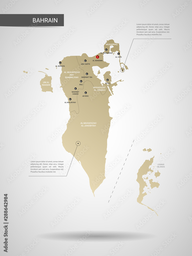 Stylized vector Bahrain map. Infographic 3d gold map illustration with ...