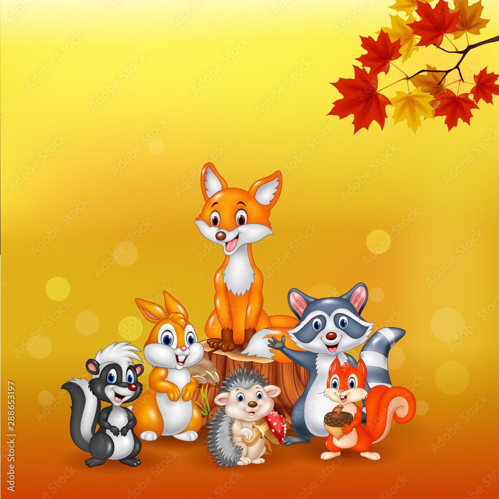 Cartoon wild animals with autumn background Stock Vector | Adobe Stock