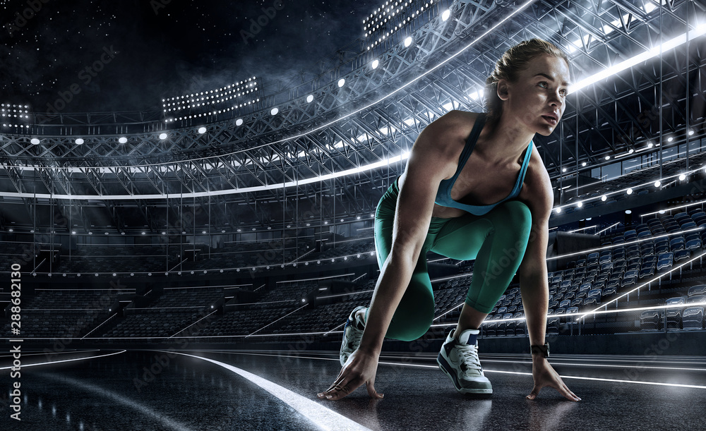 Sports background. Runner on the start line of the glowing stadium ...