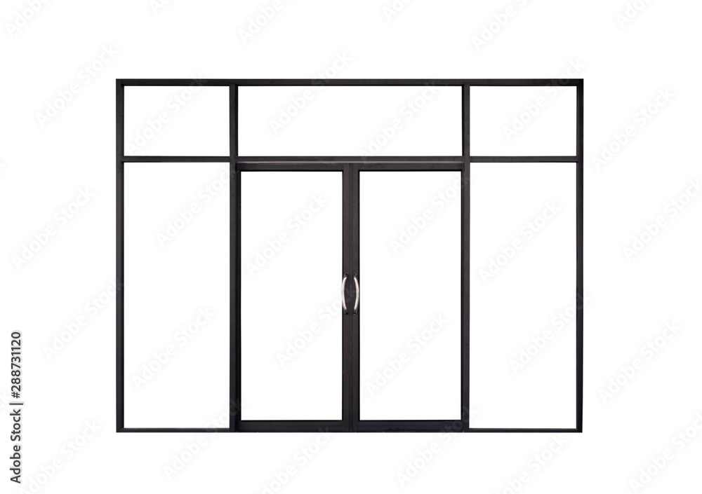 Real modern black store front double glass door window frame isolated ...