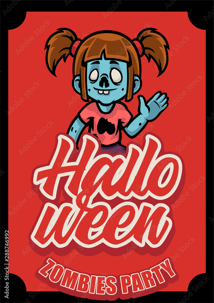 characters zombie girl waving and say hello poster halloween invitation ...