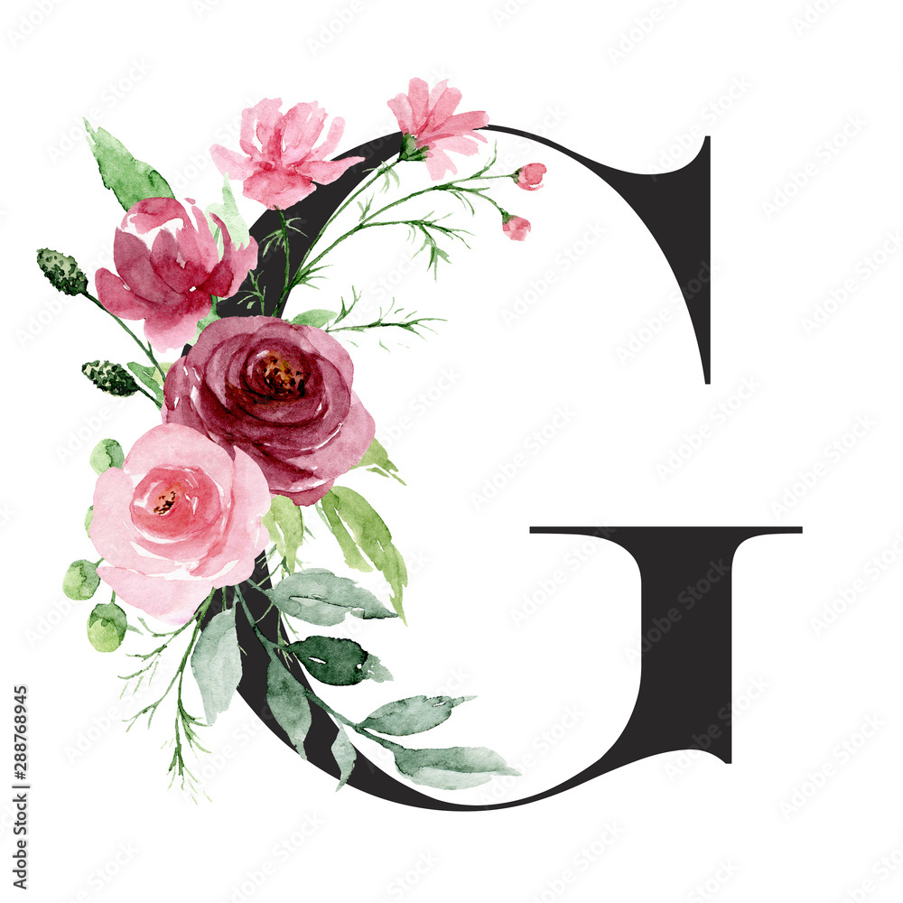 Floral alphabet, letter G with watercolor flowers and leaf. Monogram ...