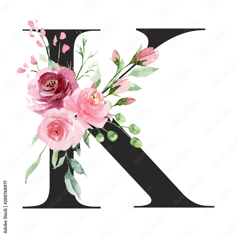 Floral alphabet, letter K with watercolor flowers and leaf. Monogram ...