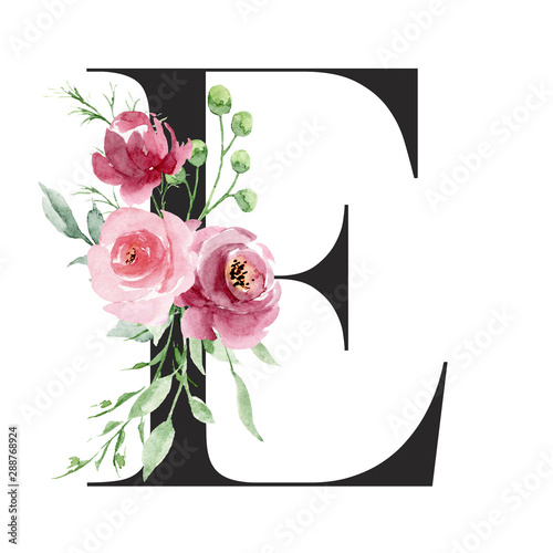 Floral alphabet, letter E with watercolor flowers and leaf. Monogram initials perfectly for ...