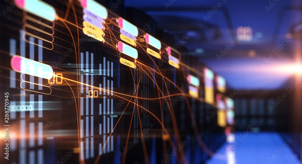 Global data storage concept with node base programming data design at server room background ...