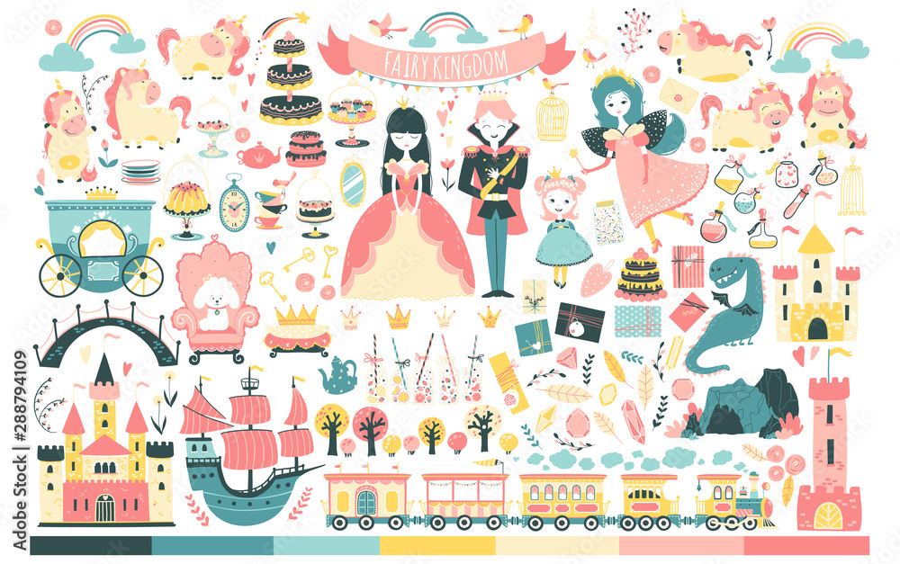 Princess Set. Fairy kingdom, prince, fairy, unicorn, dragon, castles ...