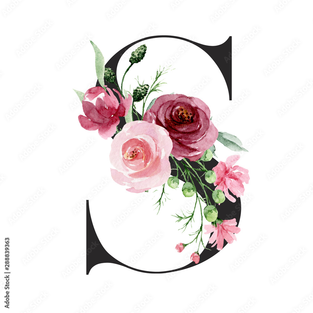Ilustração do Stock Floral alphabet, letter S with watercolor flowers ...