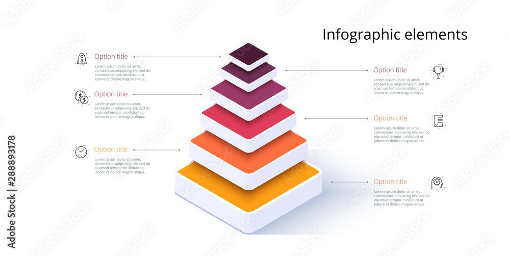 Business pyramid chart infographics with 6 steps. Pyramidal stages ...