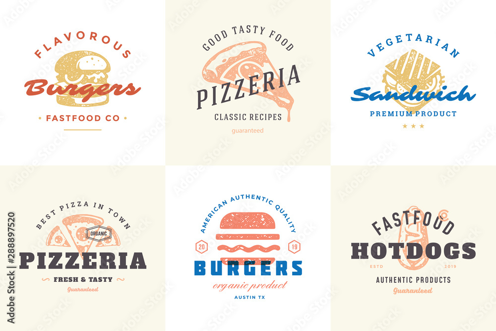 Engraving fast food logos and labels with modern vintage typography ...