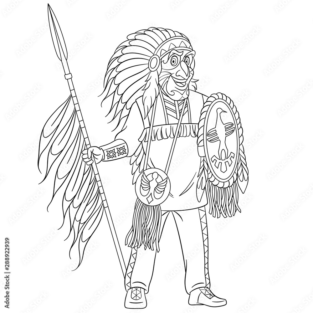 coloring page with native american indian man Stock Vector | Adobe Stock