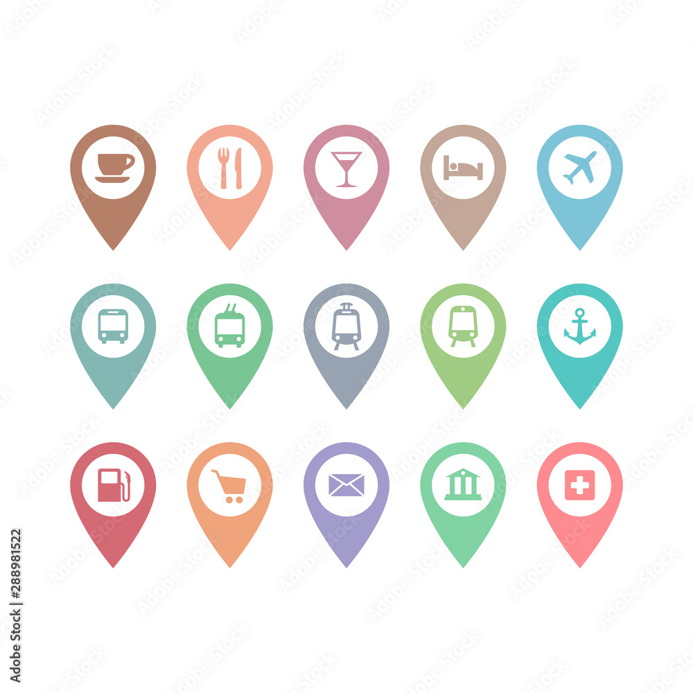 Location pin pointer vector set with cafe, restaurant, hotel, bus sign ...