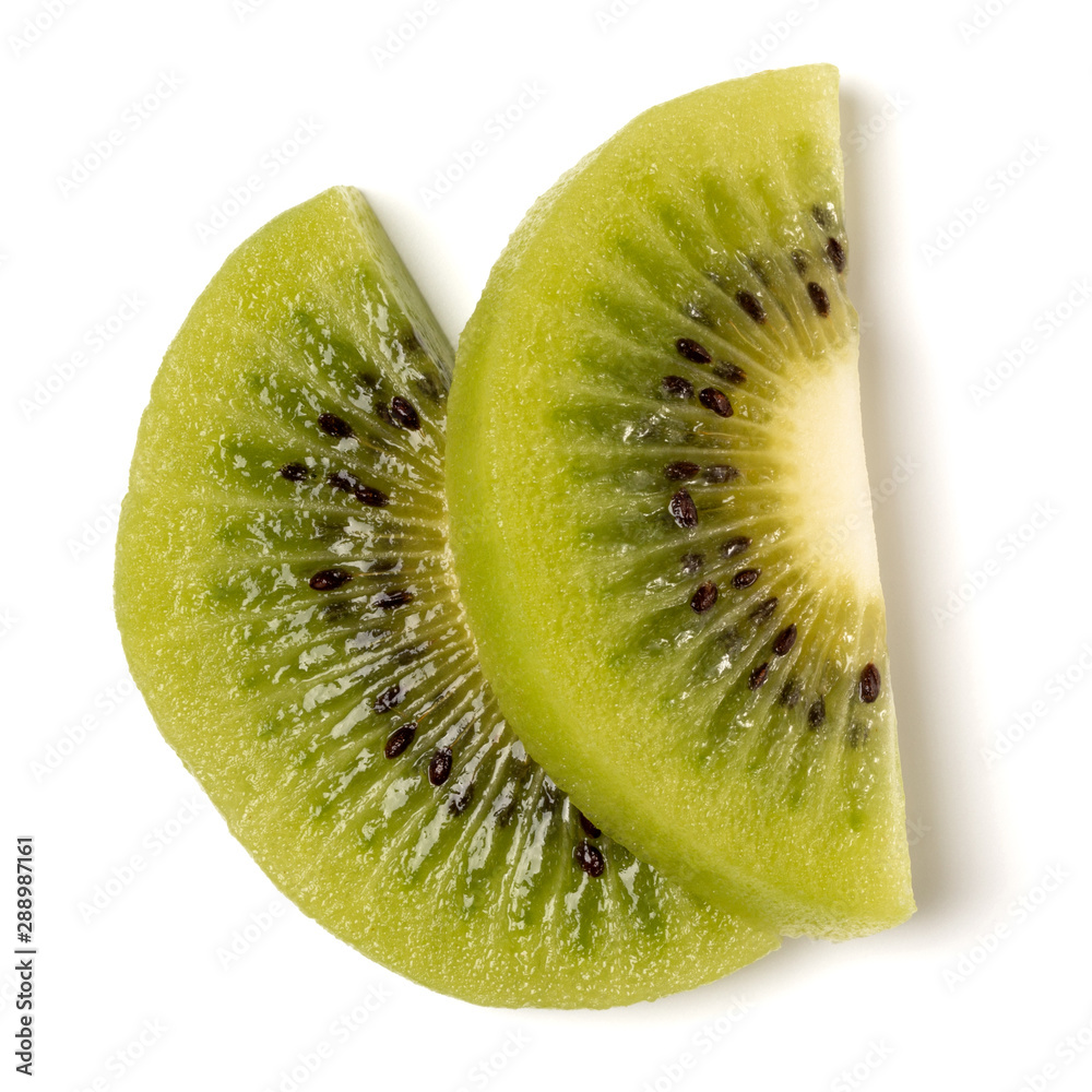 Two peeled kiwi fruit slices isolated on white background closeup. Half ...