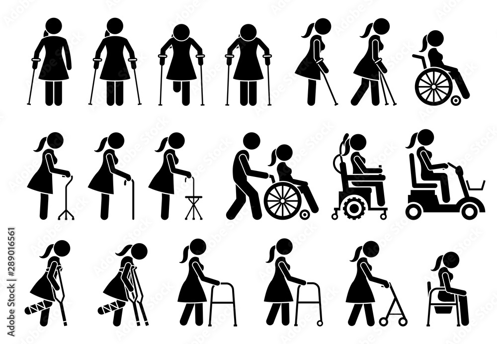 Mobility aids medical tools and equipment stick figure pictogram icons ...