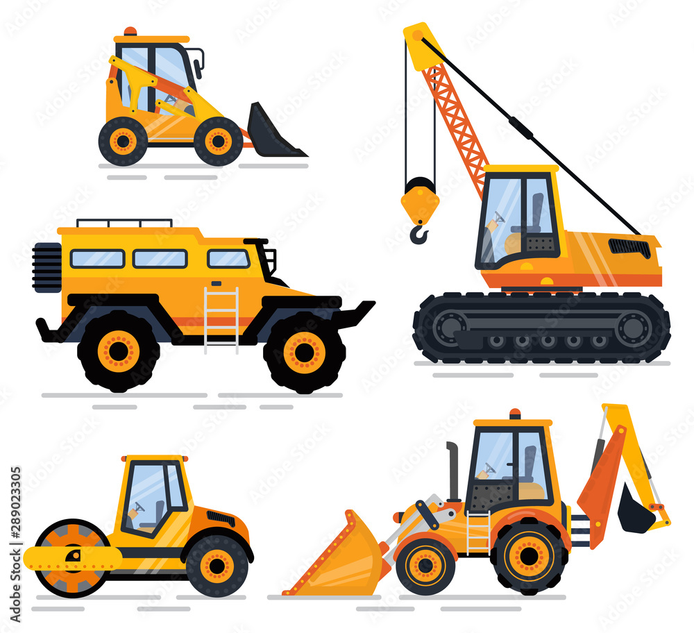 Transport and machinery set vector, isolated truck and crane ...