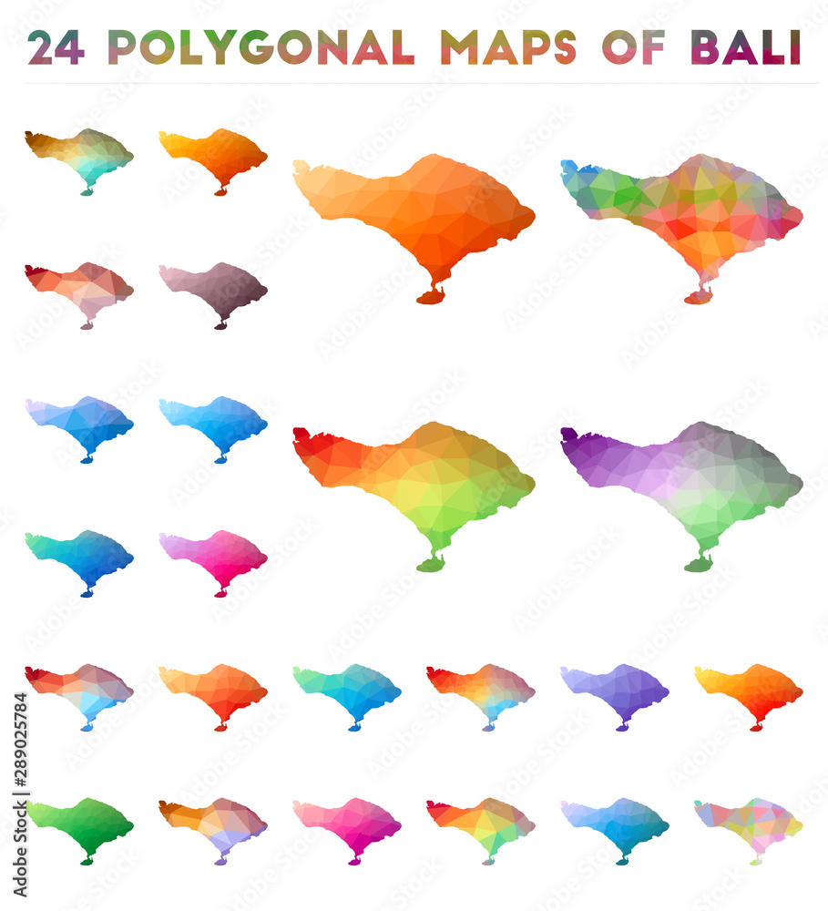 Set of vector polygonal maps of Bali. Bright gradient map of island in ...