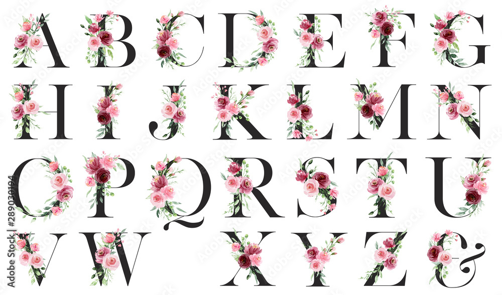 Floral alphabet, letters with watercolor pink flowers and leaf ...