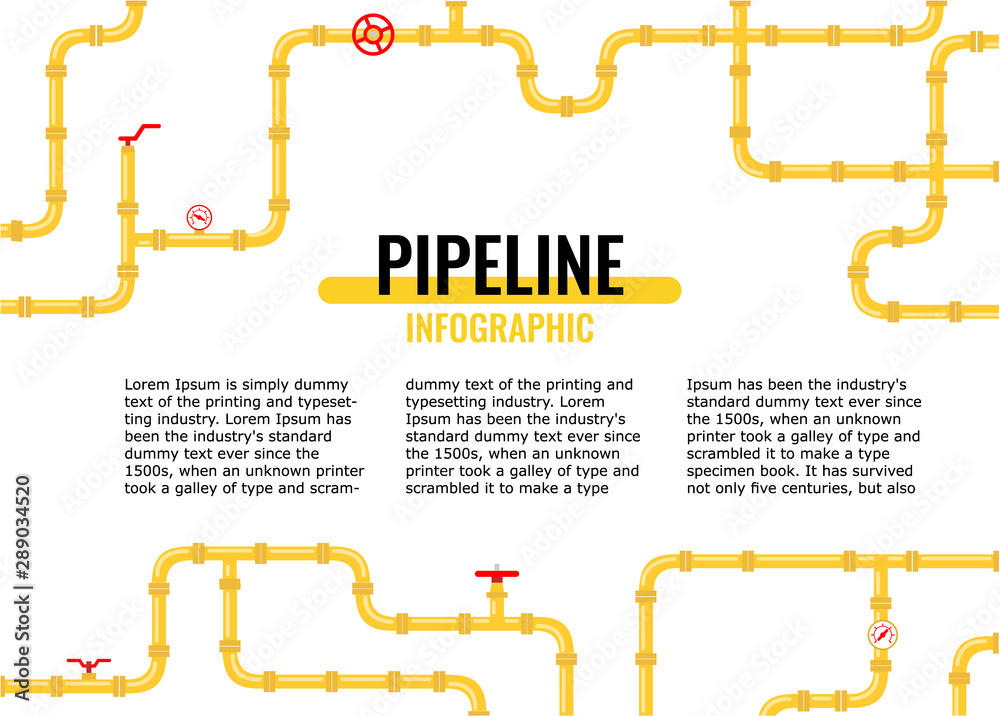 horizontal Industrial background with Yellow pipes for water, gas, oil ...